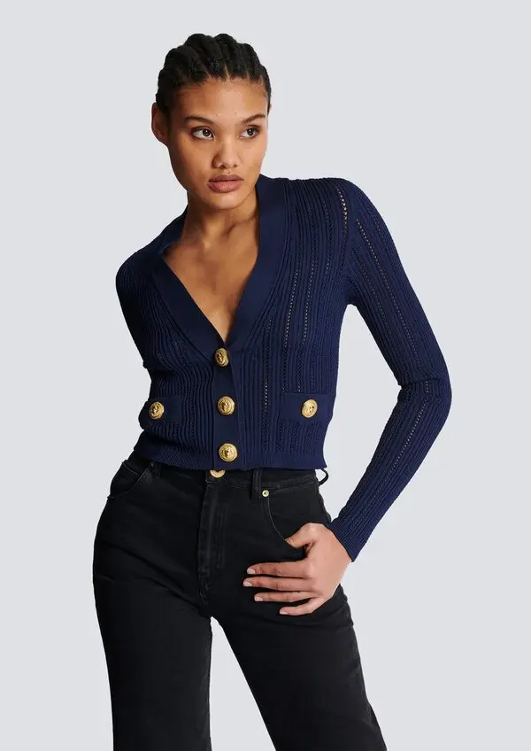 Balmain Cropped Knit Cardigan With Gold Lion Head Buttons - Blue