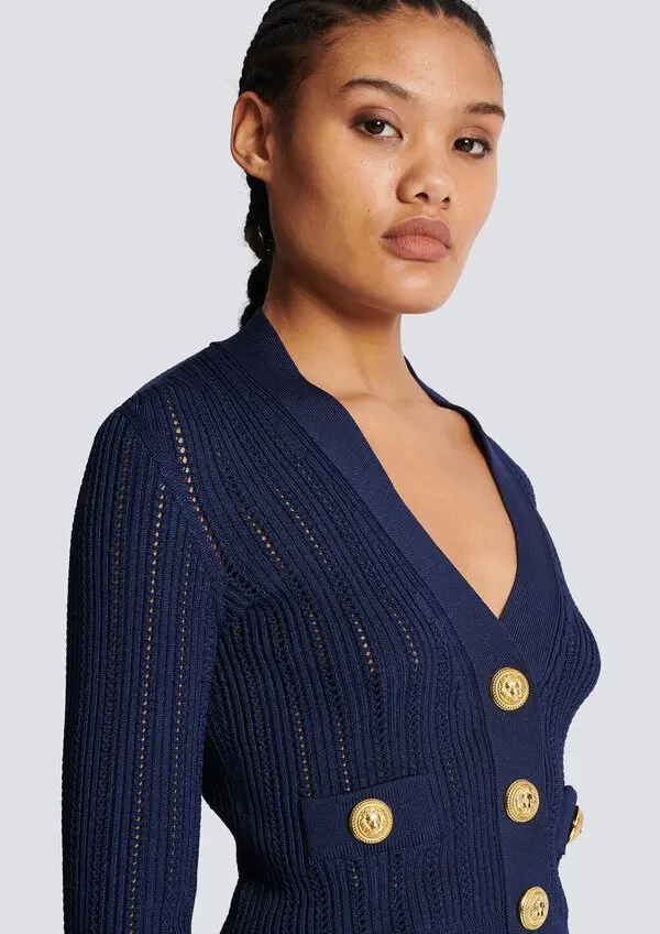 Balmain Cropped Knit Cardigan With Gold Lion Head Buttons - Blue