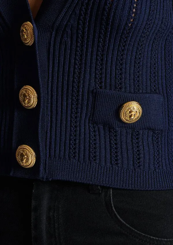 Balmain Cropped Knit Cardigan With Gold Lion Head Buttons - Blue