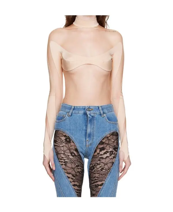 MUGLER Logo Spliced Jumpsuit - Nude