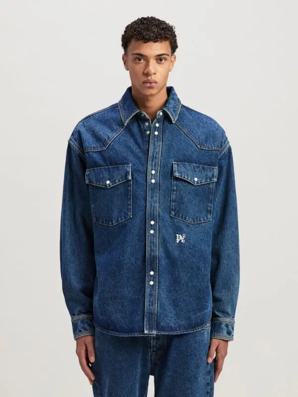 Palm Angels Logo-embroidered Drop Shoulder Denim Shirt