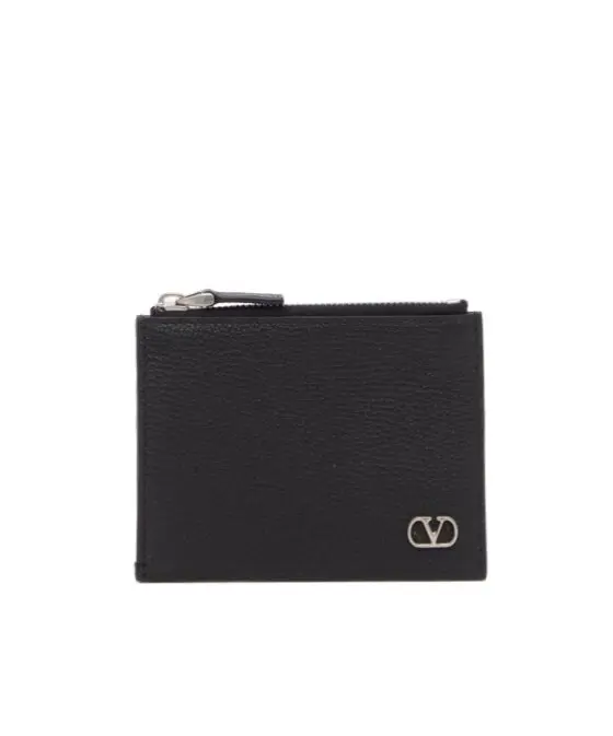 Valentino Garavani Vlogo Signature Grainy Calfskin Card Holder - Black