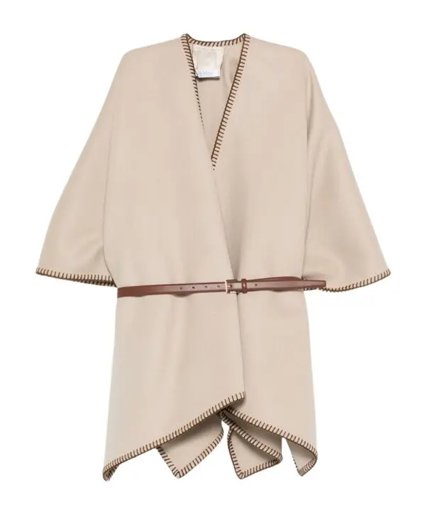 Max Mara Logo-embroidered Wool Poncho - Beige