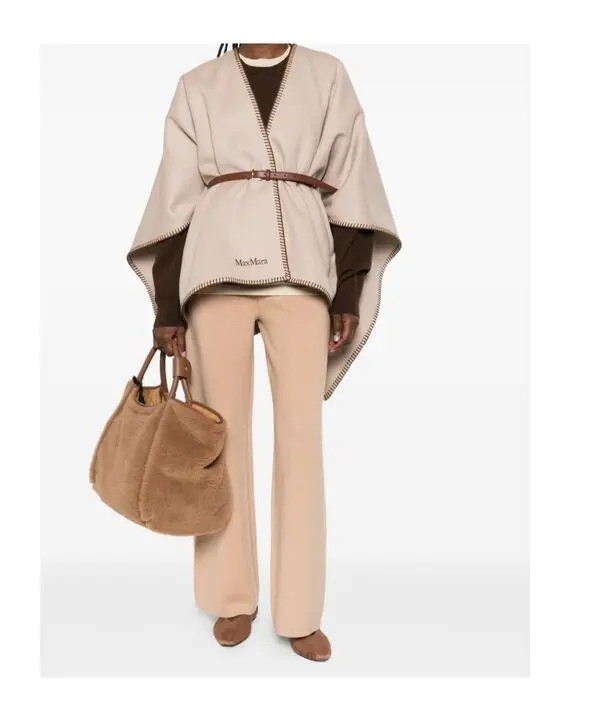 Max Mara Wool Poncho With Belt And Logo Embroidery
