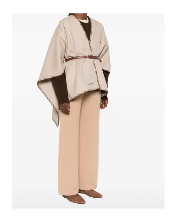 Max Mara Wool Poncho With Belt And Logo Embroidery