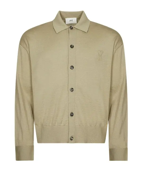 Ami Long-sleeved Button-up Cardigan With Lapel Collar - Green