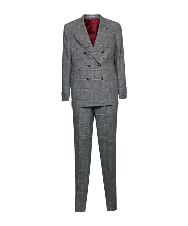 Brunello Cucinelli Black Prince Of Wales Checked Suit - Grey