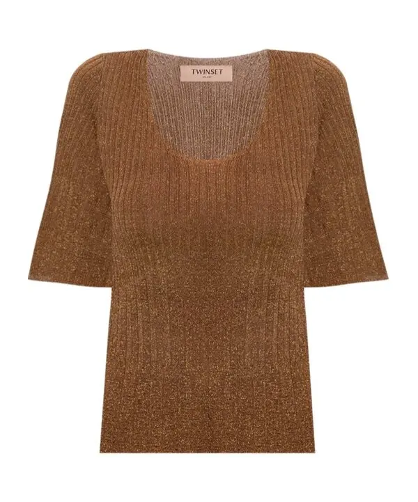 TWINSET Lurex Knit Top With Flared Sleeves - Brown