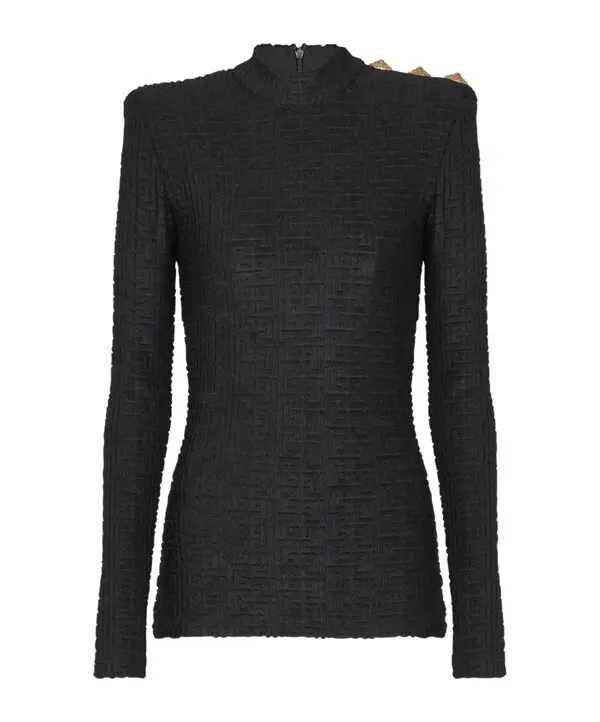 Balmain High Neck Monogram-pattern Long Sleeve Top