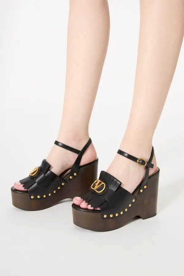 Valentino Garavani Vlogo Plaque Fringed Wedge Sandals