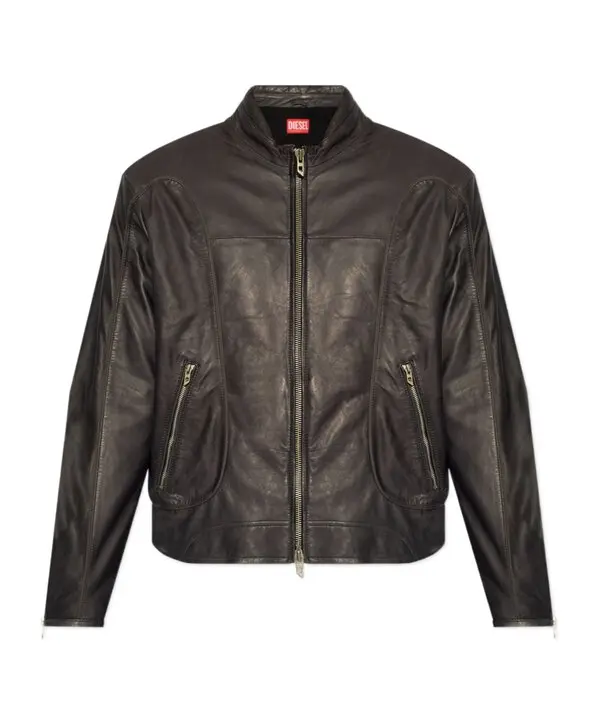 DIESEL® L-krix Leather Biker Jacket With Zip Closure And Logo Details - Black
