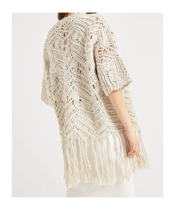 Brunello Cucinelli Macrame Cardigan With Tassel Hem - White