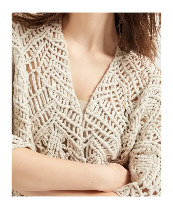 Brunello Cucinelli Macrame Cardigan With Tassel Hem - White