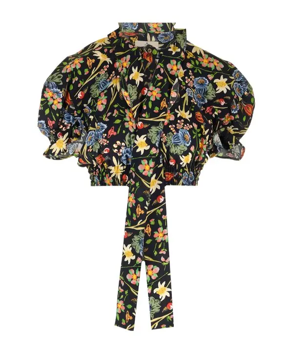 VIVIENNE WESTWOOD Allover Floral Printed Cropped Top With Bubble Sleeves - Black