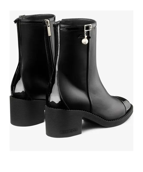 JIMMY CHOO Patent Cap Toe Zipper Ankle Boots With Pearl Detail