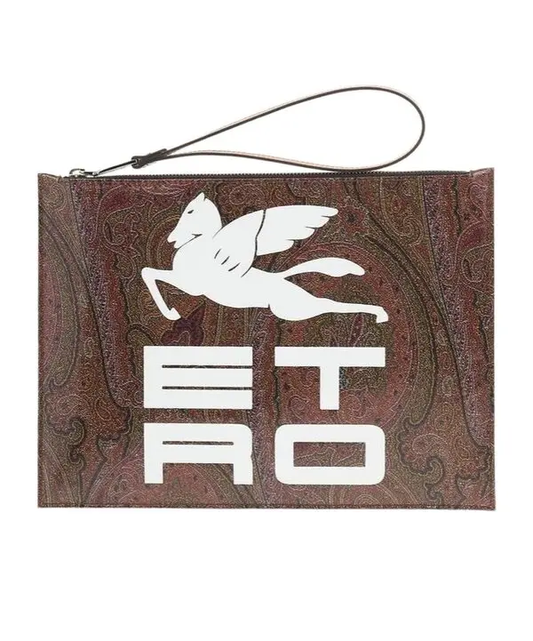 Etro Zippered Clutch With Logo And Pattern - Brown