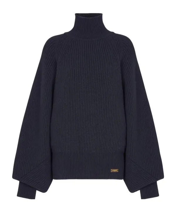 Balmain Ribbed-knit Logo-patch High Neck Sweater - Blue