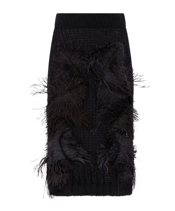 Attico Fringed Knitted Midi Skirt - Black