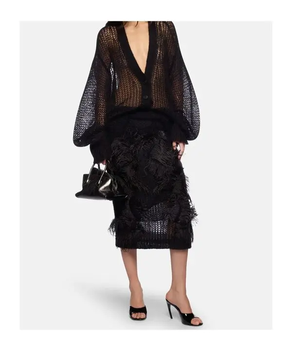 Attico Fringed Knitted Midi Skirt - Black