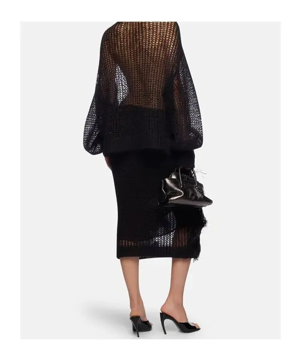 Attico Fringed Knitted Midi Skirt - Black