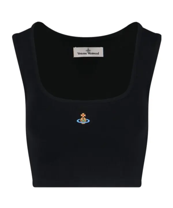 VIVIENNE WESTWOOD Orb Embroidered Ribbed Cropped Top - Black