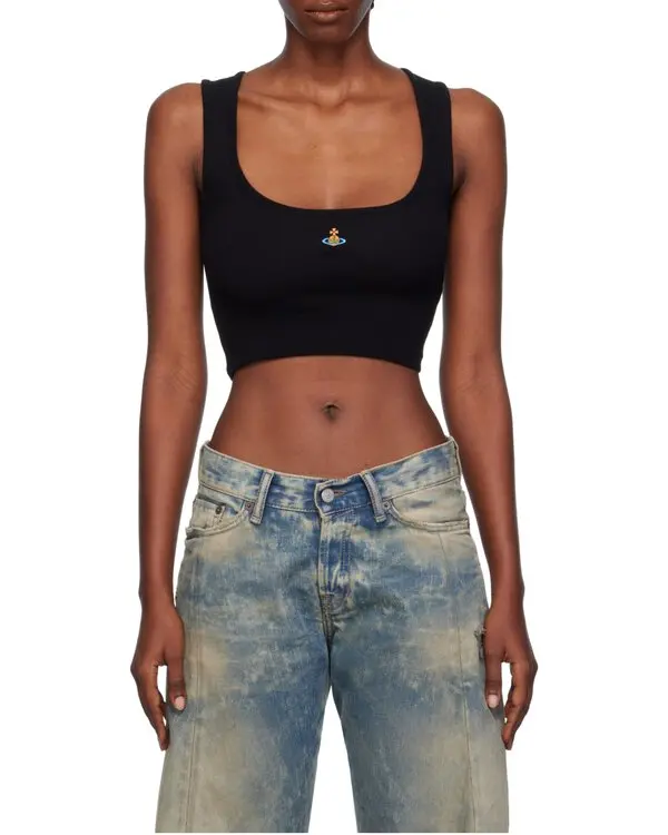 VIVIENNE WESTWOOD Orb Embroidered Ribbed Cropped Top - Black
