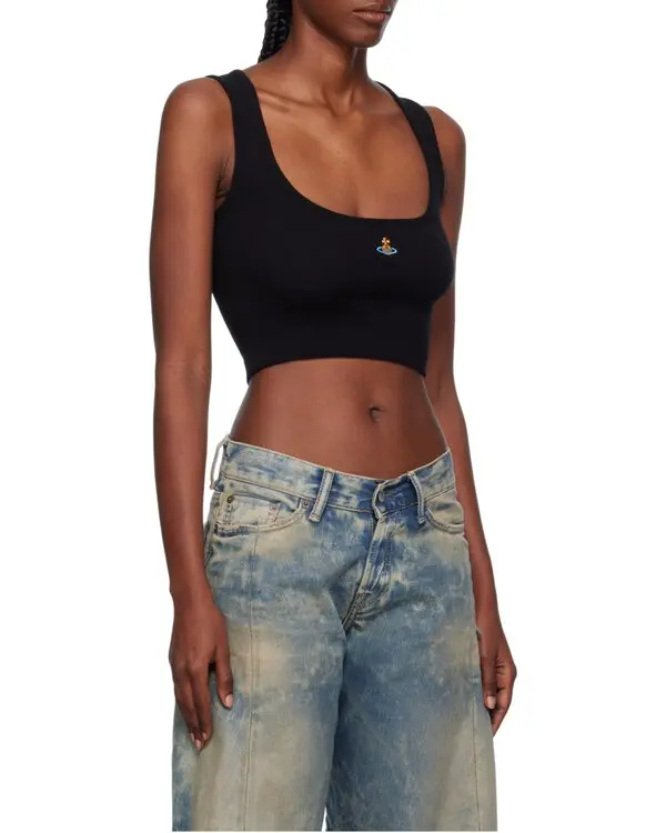 VIVIENNE WESTWOOD Orb Embroidered Ribbed Cropped Top - Black