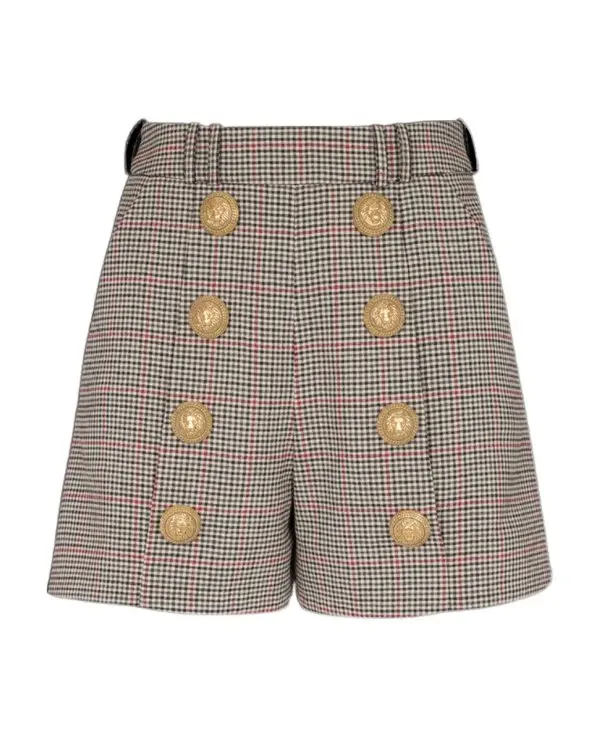 Balmain High-waisted Button-embellished Houndstooth Shorts