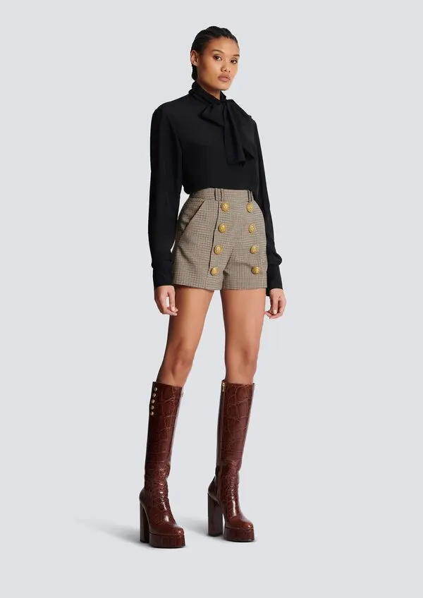 Balmain High-waisted Button-embellished Houndstooth Shorts