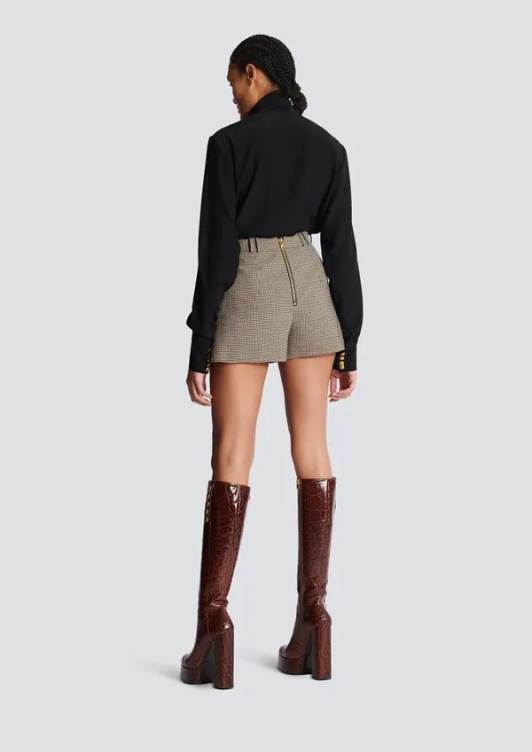 Balmain High-waisted Button-embellished Houndstooth Shorts