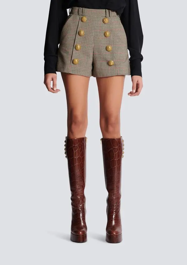 Balmain High-waisted Button-embellished Houndstooth Shorts