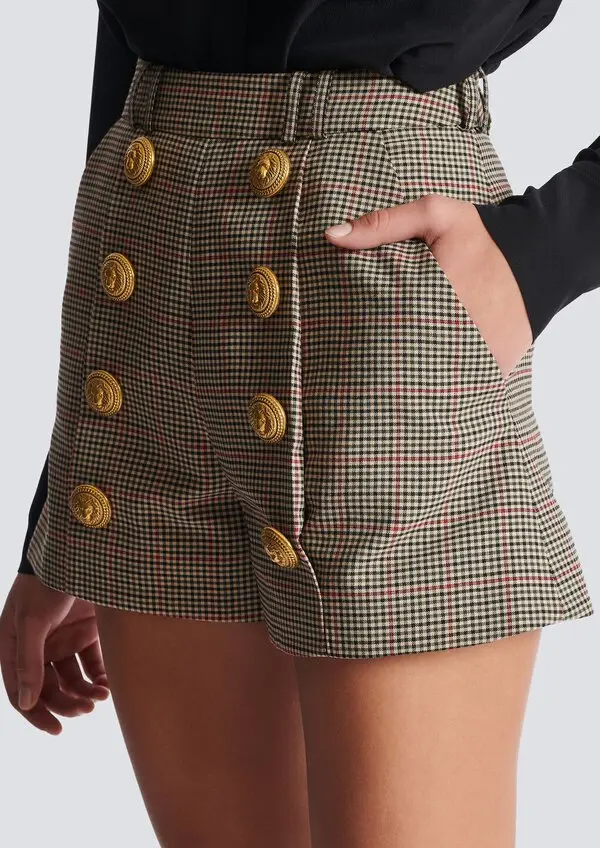 Balmain High-waisted Button-embellished Houndstooth Shorts