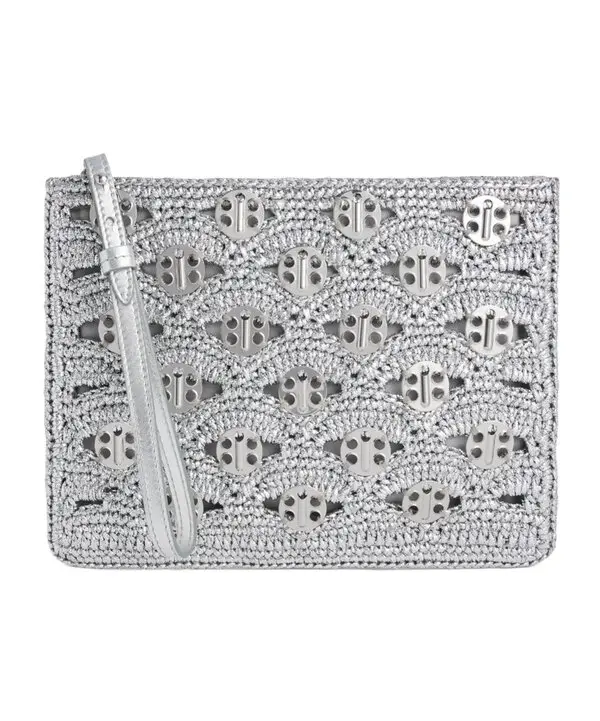 Rabanne Raffia Zipped Clutch Bag With Tone Embellishments