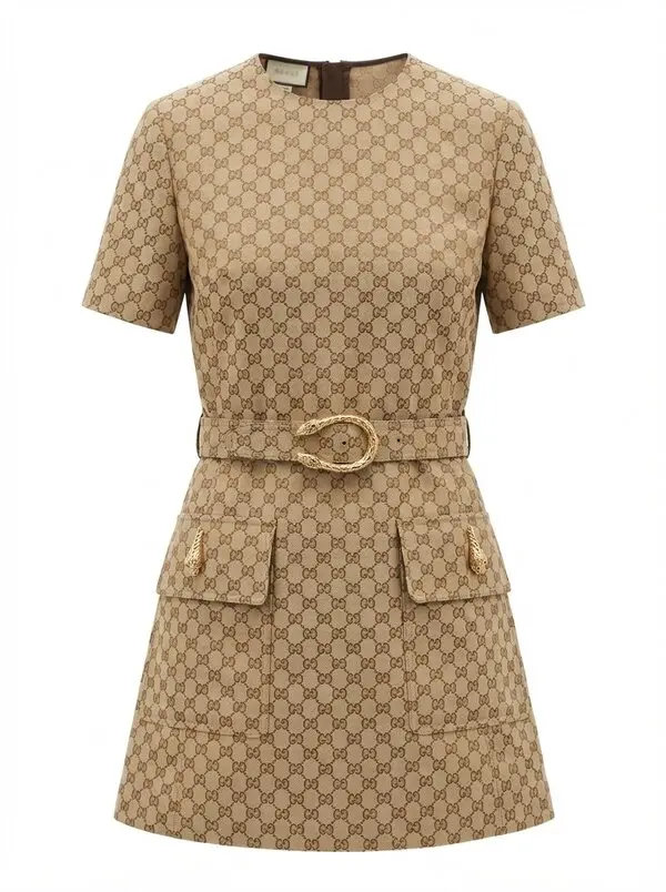 Gucci Gg Cotton Canvas Fabric Dress With Dionysus Buckle Belt
