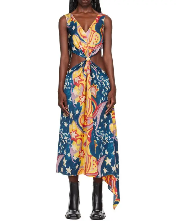 Marni Cut-out Galactic Paradise Printed Midi Dress - Blue