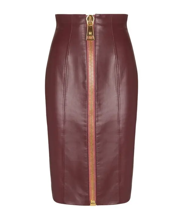 Balmain Leather Pencil Skirt With Zipper Detail - Brown
