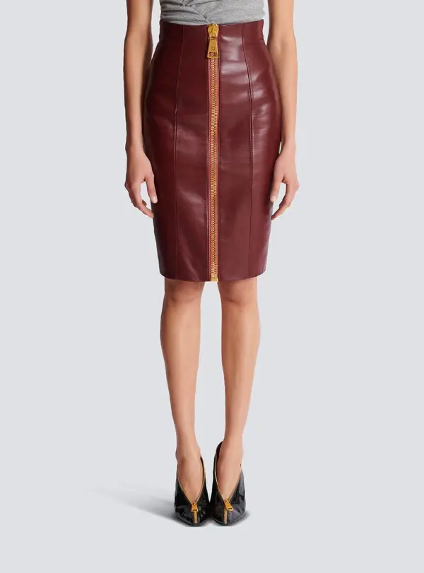 Balmain Leather Pencil Skirt With Zipper Detail - Brown
