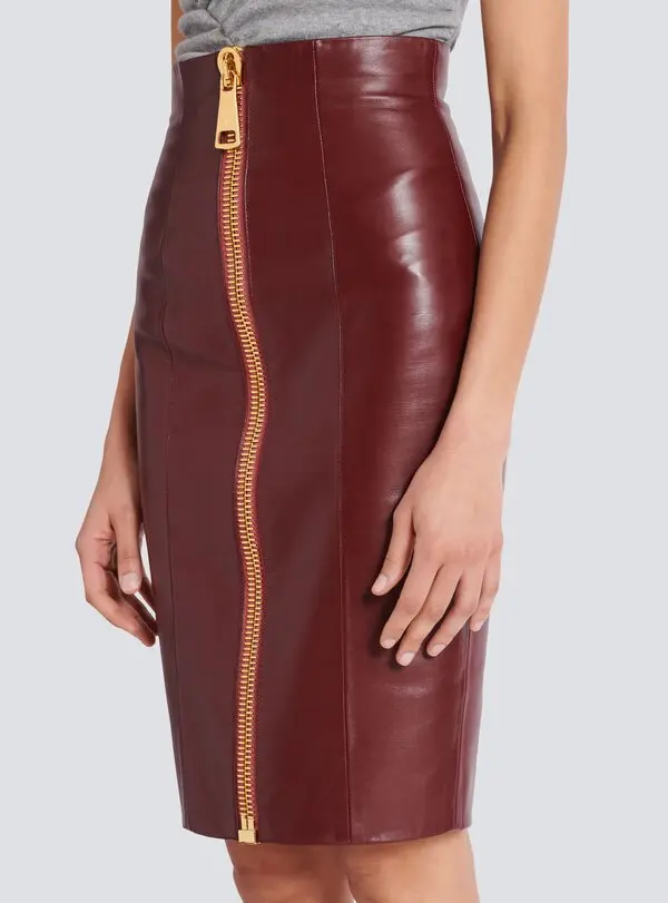 Balmain Leather Pencil Skirt With Zipper Detail - Brown
