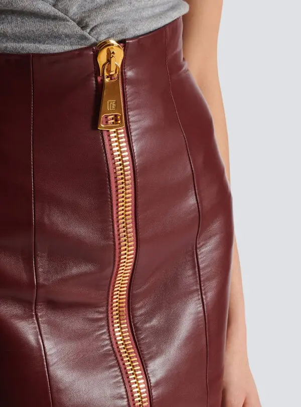 Balmain Leather Pencil Skirt With Zipper Detail - Brown