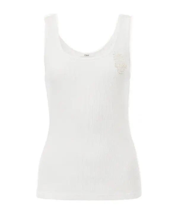 Chloé Crewneck Ribbed Tank Top With Pineapple Patch - White