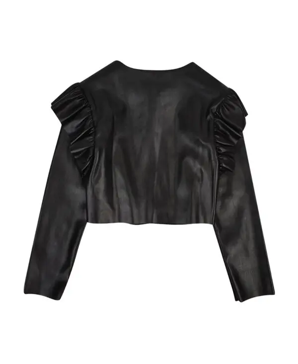 Monnalisa Leather Jacket With Embellished Closure And Ruffle Sleeves