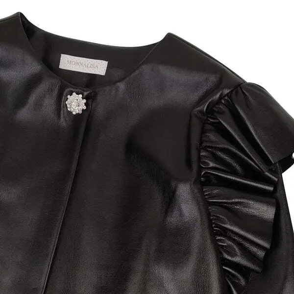 Monnalisa Leather Jacket With Embellished Closure And Ruffle Sleeves