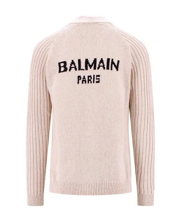 Balmain V-neck Logo Intarsia Knit Cardigan - Pink