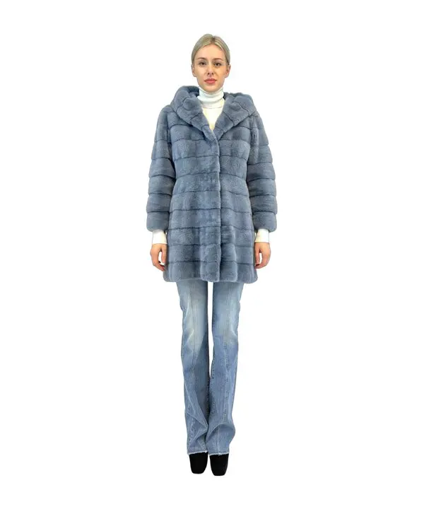 LISKA Hooded Fur Coat With Leather Stripes
