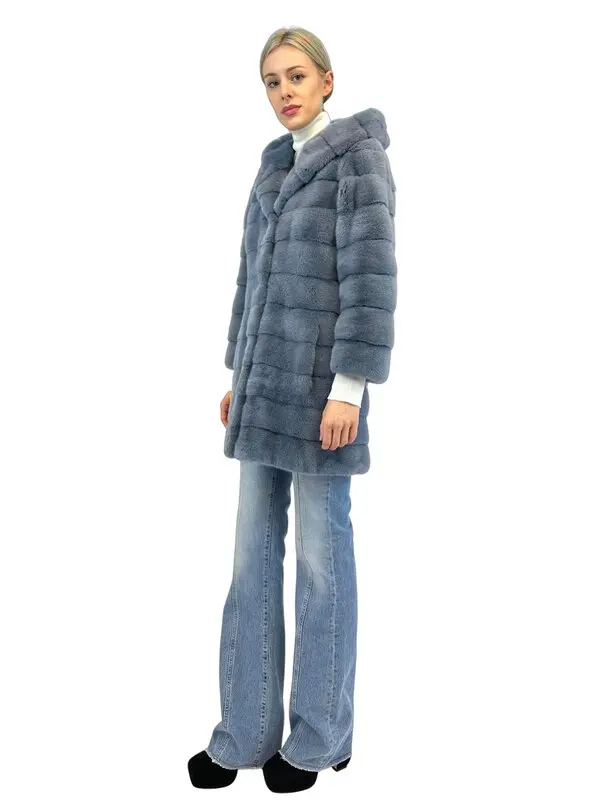 LISKA Hooded Fur Coat With Leather Stripes