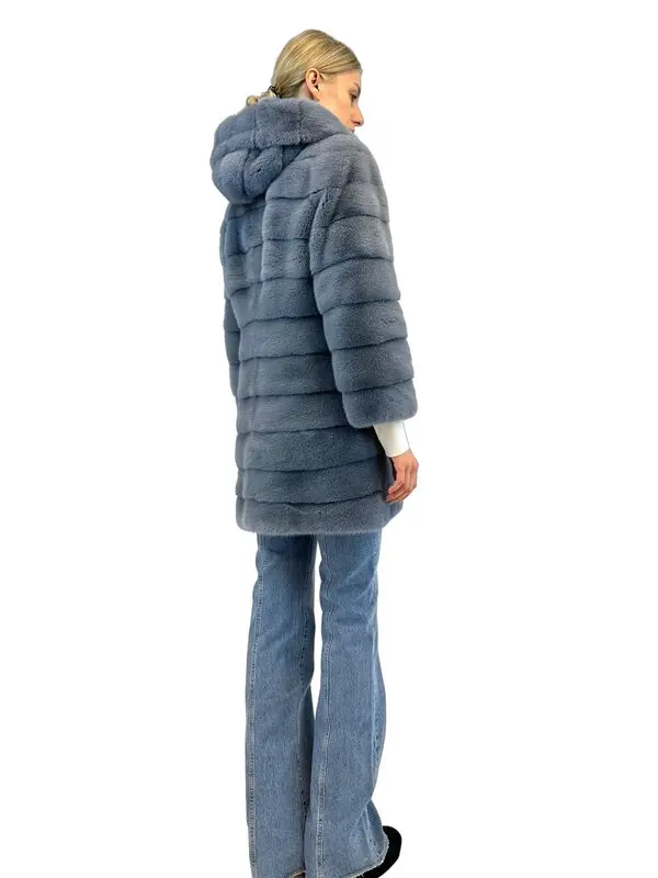 LISKA Hooded Fur Coat With Leather Stripes