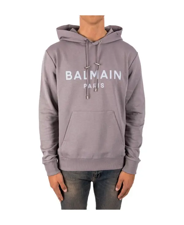 Balmain Logo Printed Drawstring Hoodie - Gray