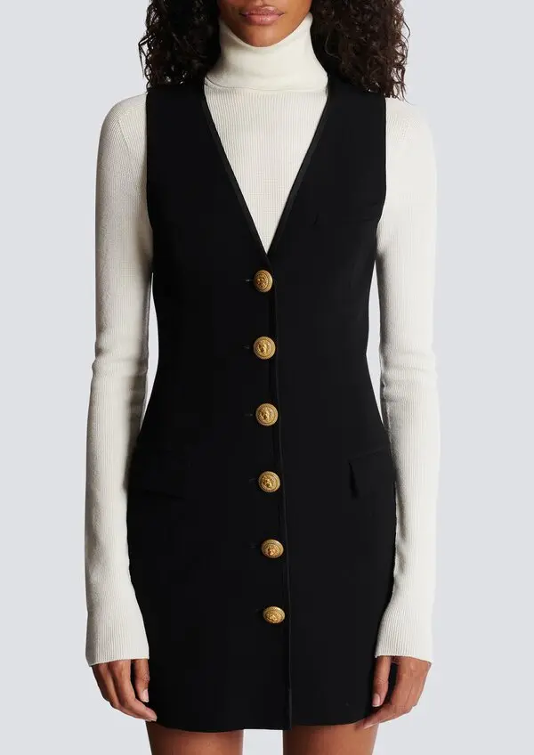 Balmain Sleeveless Crepe Dress With Gold-tone Lion Head Buttons