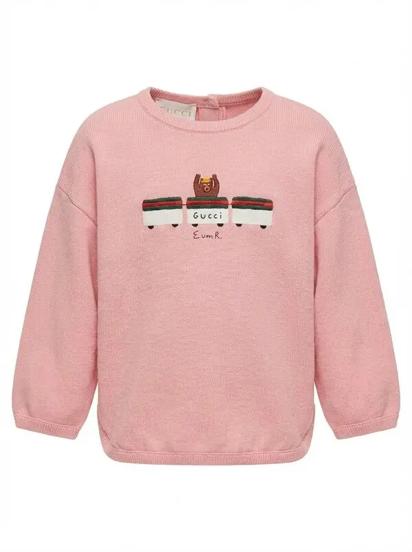 Gucci Cotton Sweatshirt With Train And Bear Print - Light Pink