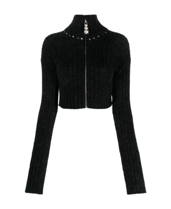 Alessandra Rich Zip-up Crystal Trim Ribbed Knit Cardigan
